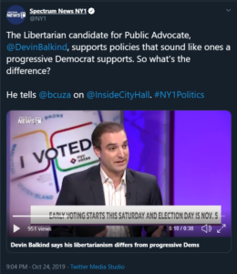 The Libertarian candidate for Public Advocate, Devin Balkind, supports policies that sound like ...